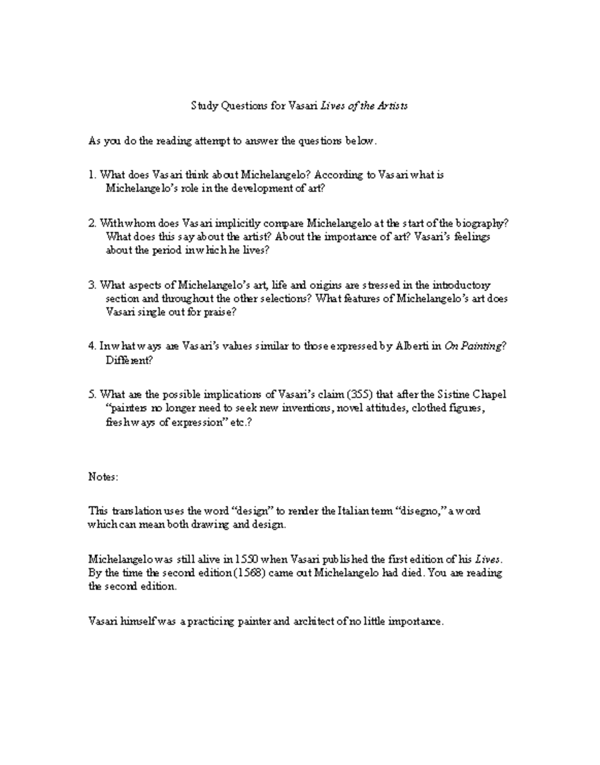 Vasari - Professor Barnaby Nygren - Study Questions for Vasari Lives of ...