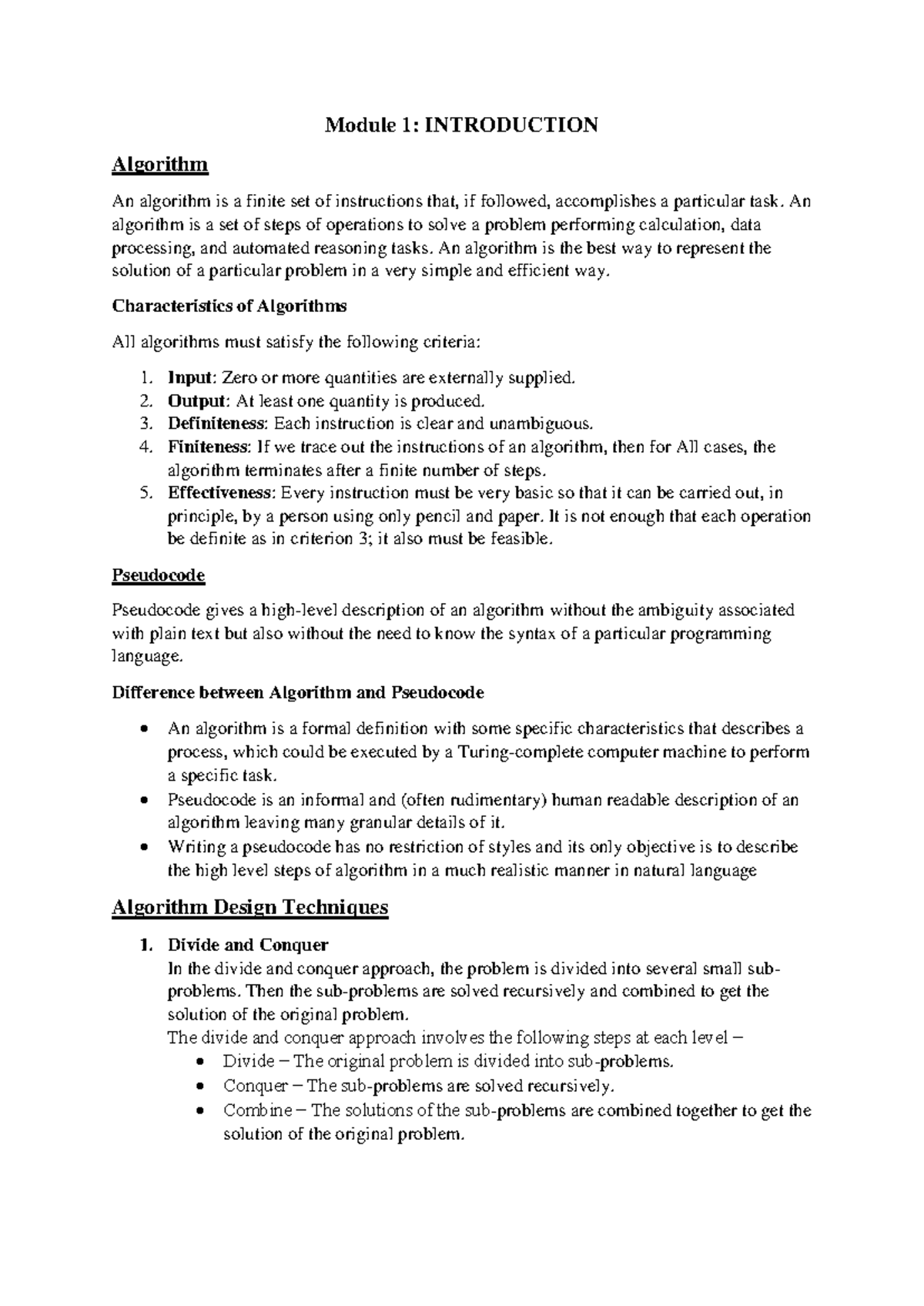 Daa mod1 - notes - Module 1: INTRODUCTION Algorithm An algorithm is a ...