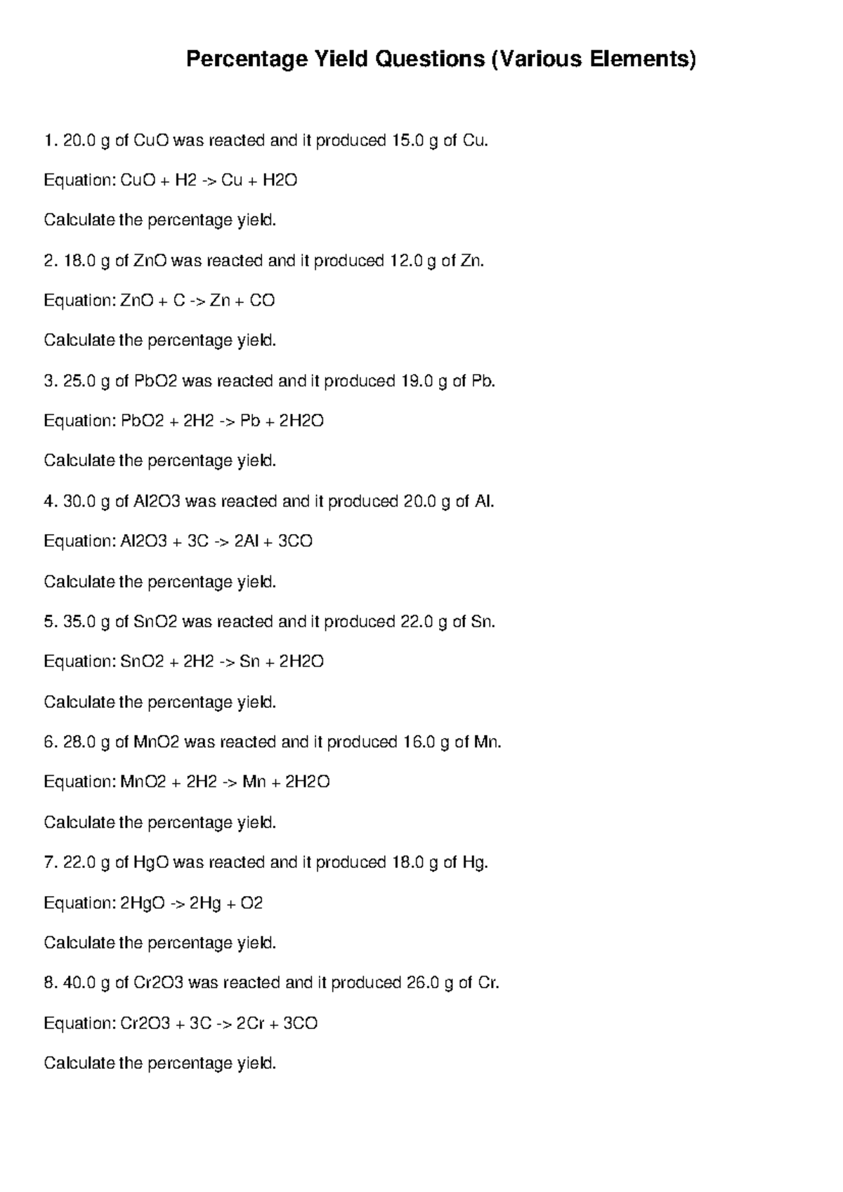 Percentage Yield Calculations for Elements: Chemistry Exercises - Studocu