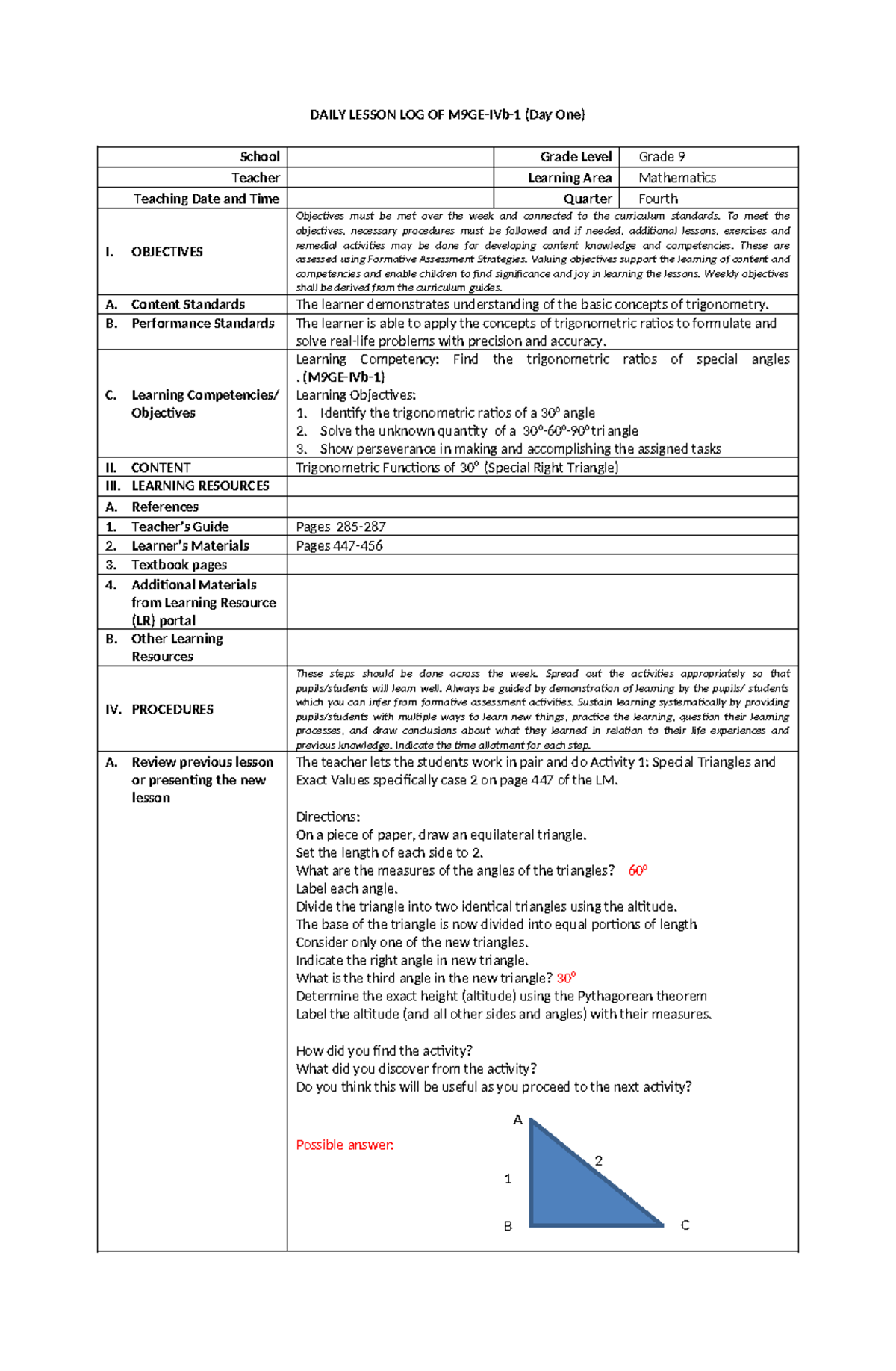 MATH G9 IV - Day 5 Lesson Plan: Trigonometric Ratios & Special Angles ...