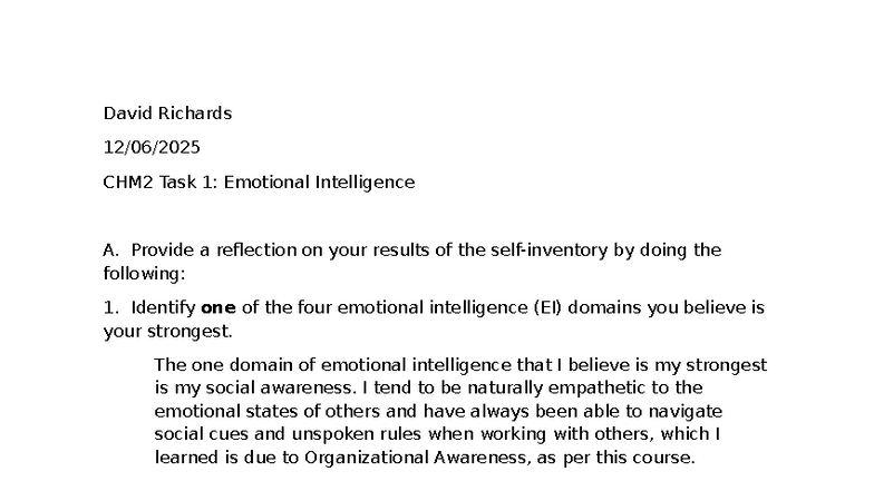 CHM2 Task 1: Reflection on Emotional Intelligence Assessment - Studocu