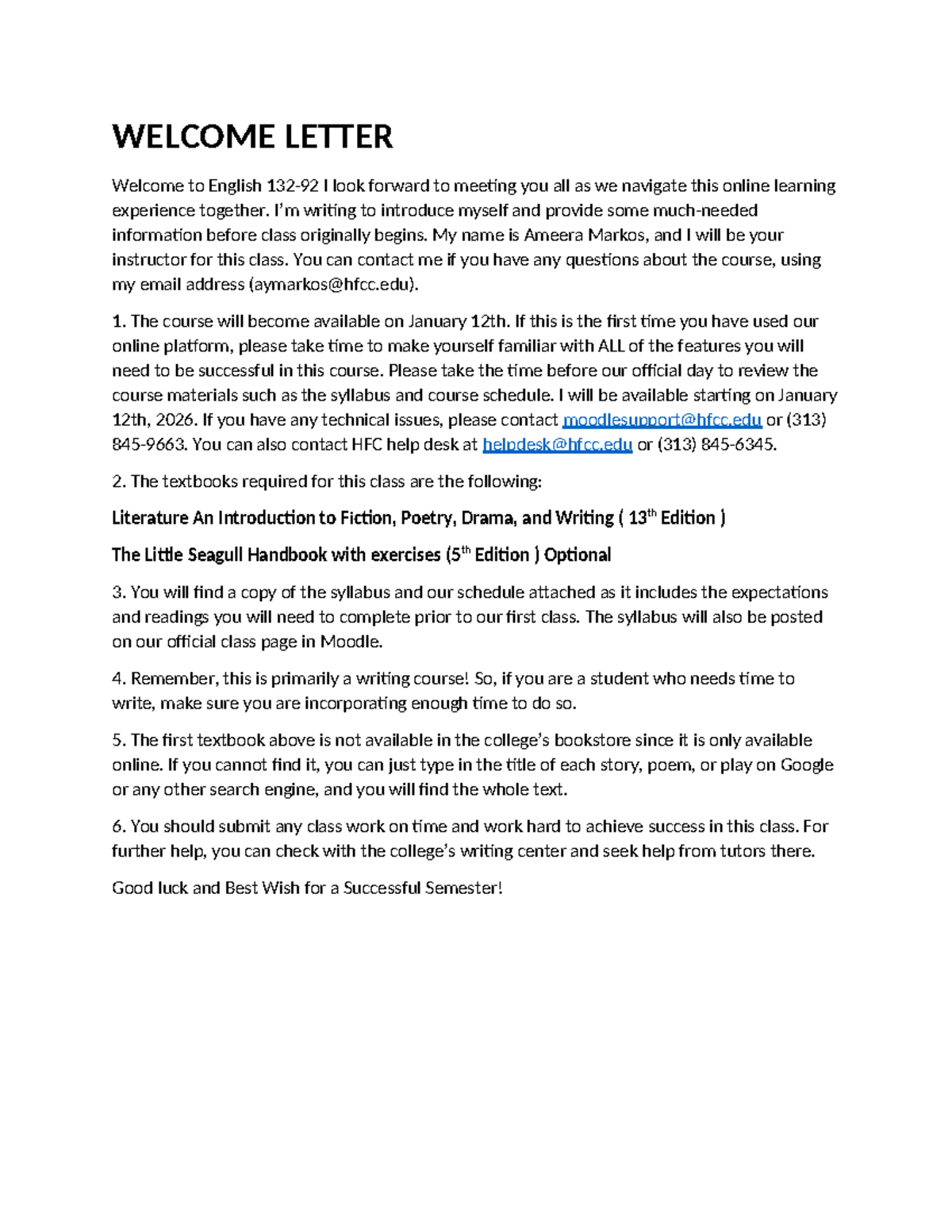 ENG I Welcome Letter: Course Info & Expectations for Success - Studocu