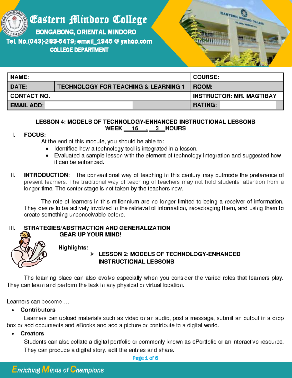 Module 5 - Lesson 4: Enhancing Instruction with Technology (TTL1) - Studocu