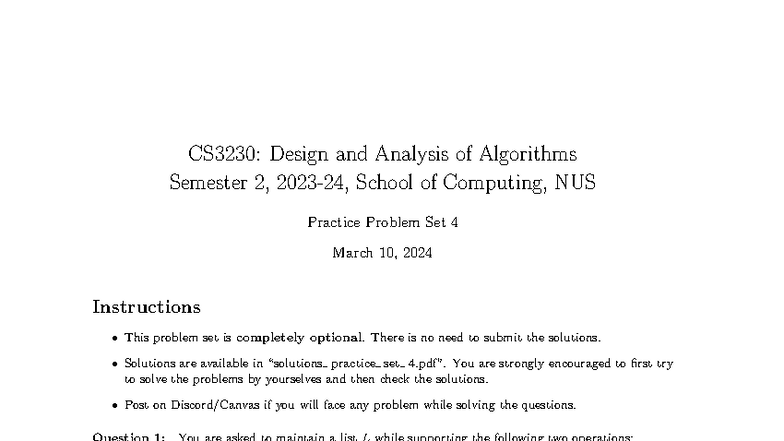 Practice set 4 - CS3230: Design and Analysis of Algorithms Semester 2 ...