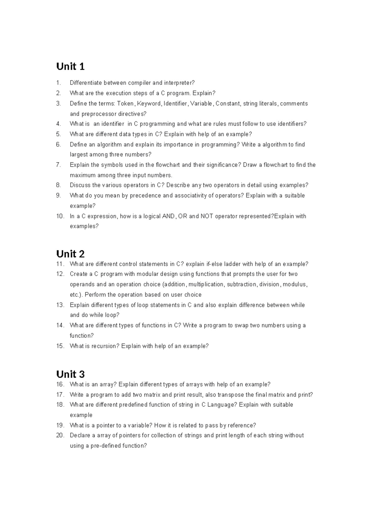 KCA-102 - Problem Solving Using C: Comprehensive Question Bank Summary ...