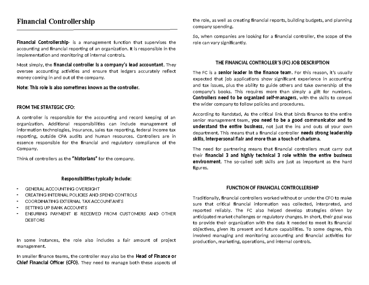 FM Elective - Comprehensive Overview of Financial Controllership - Studocu