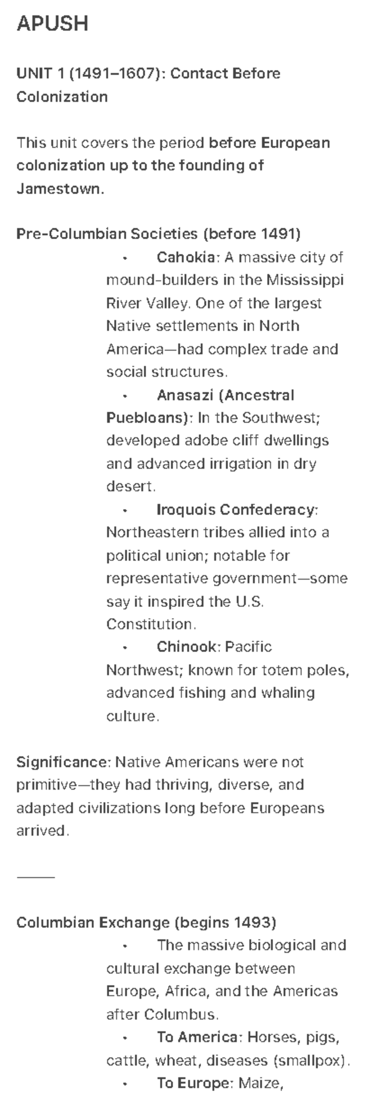 APUSH Unit 1: Pre-Colonization Societies and Early European Contact ...