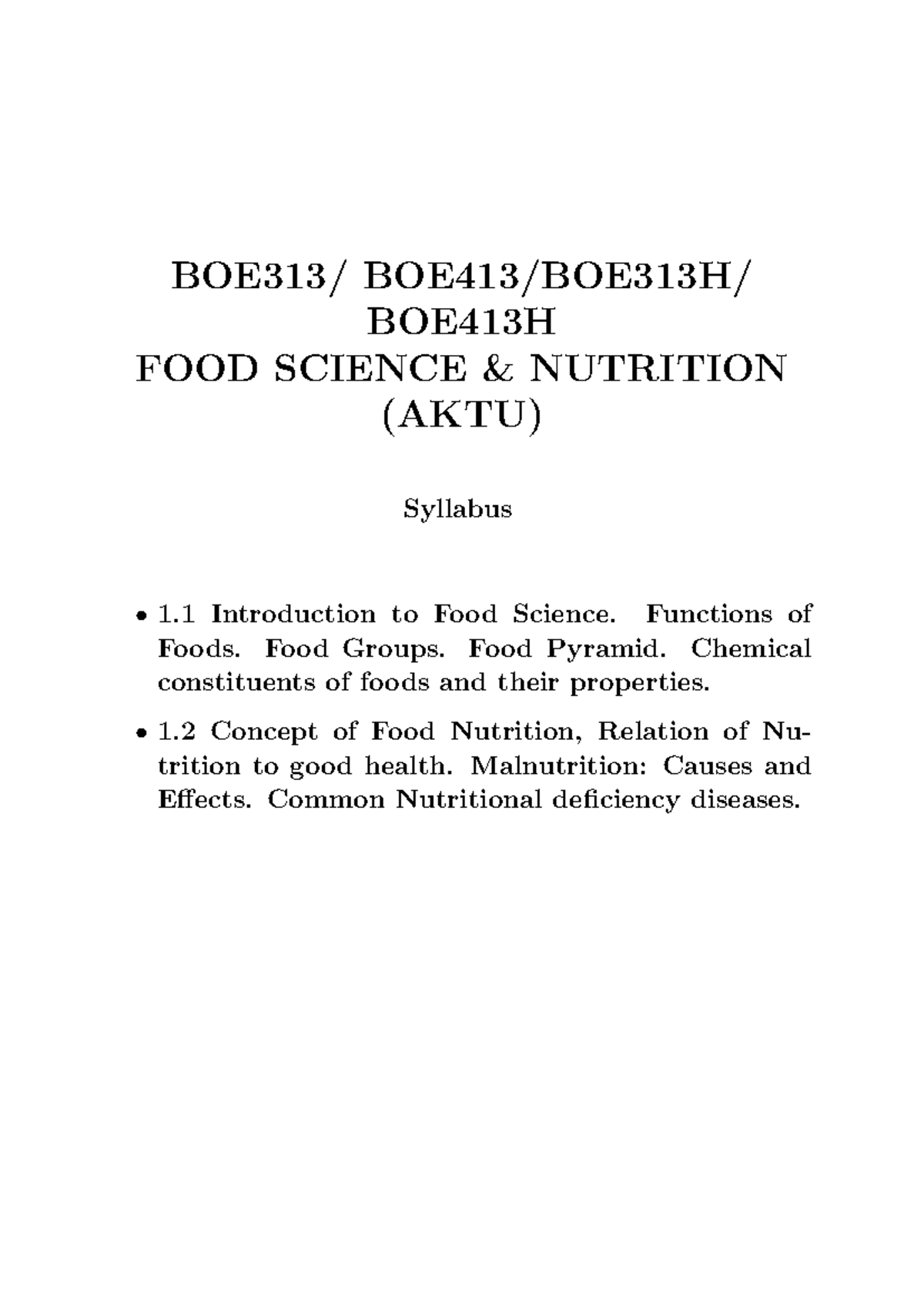 BOE413H Food Science Nutrition (AKTU) Syllabus Overview and Key ...