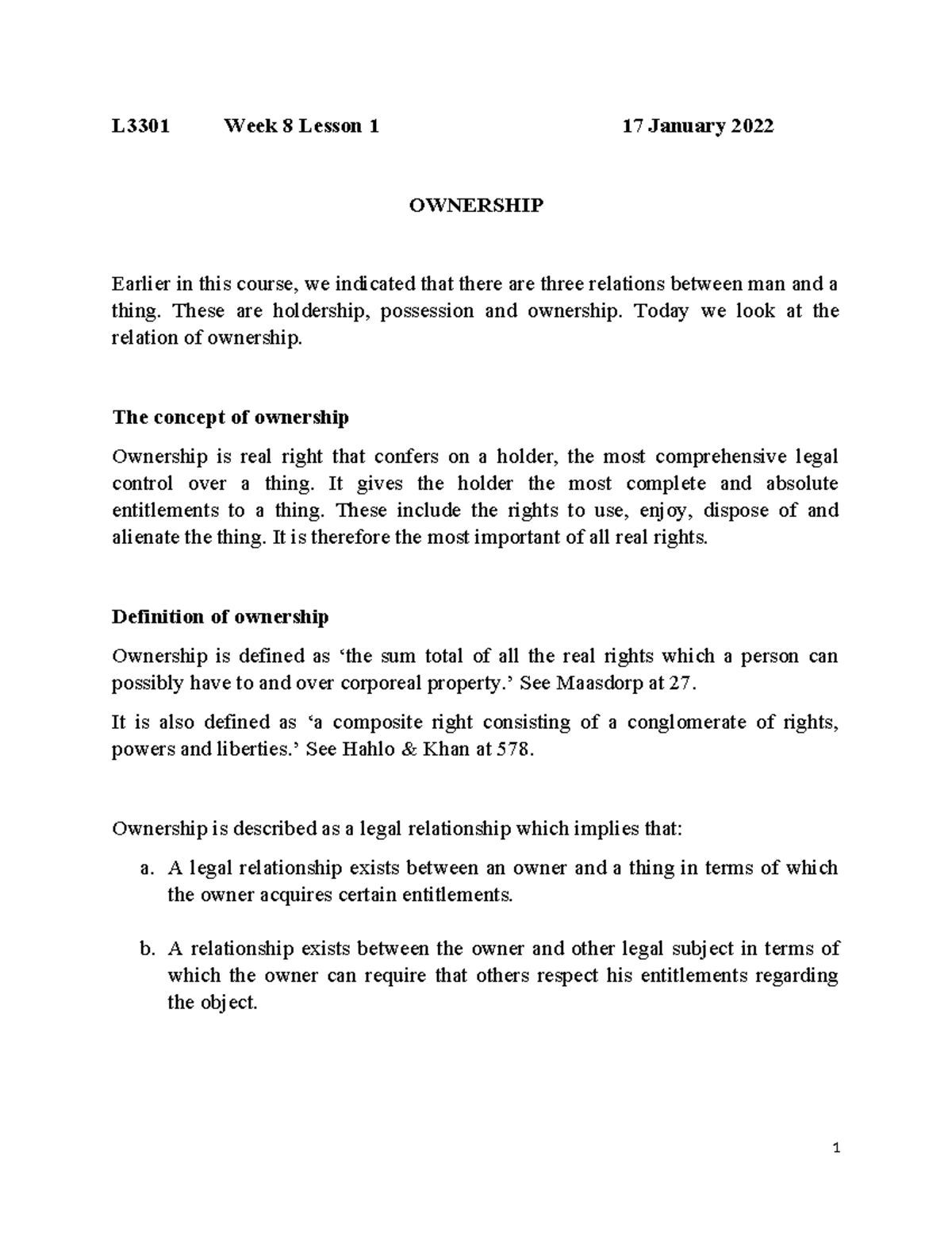 L3301 Week 8 Lesson 1 Notes on Ownership Concepts - Studocu