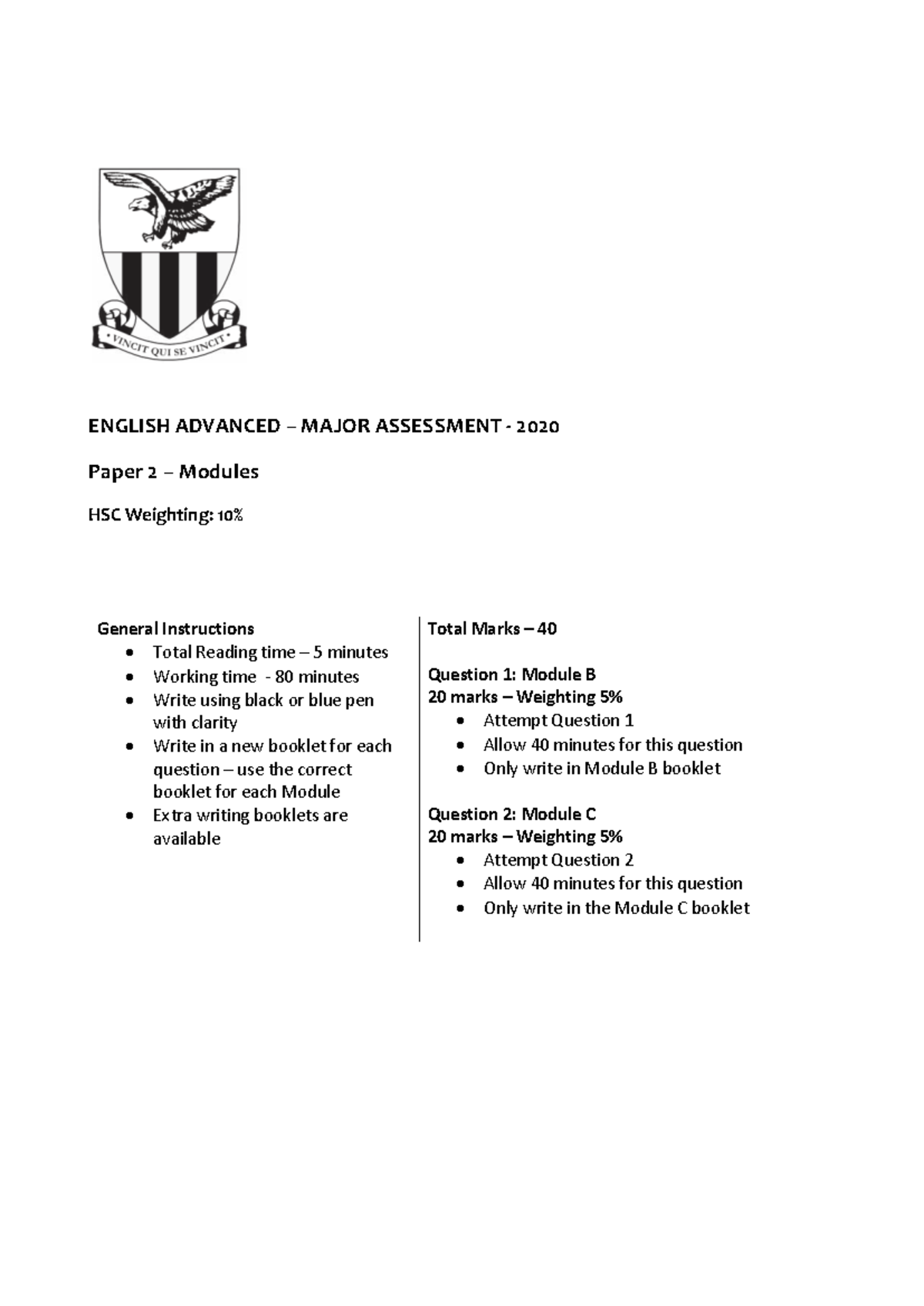 ENGLISH ADVANCED HSC TRIAL ASSESSMENT 2020 Paper 2 - Studocu