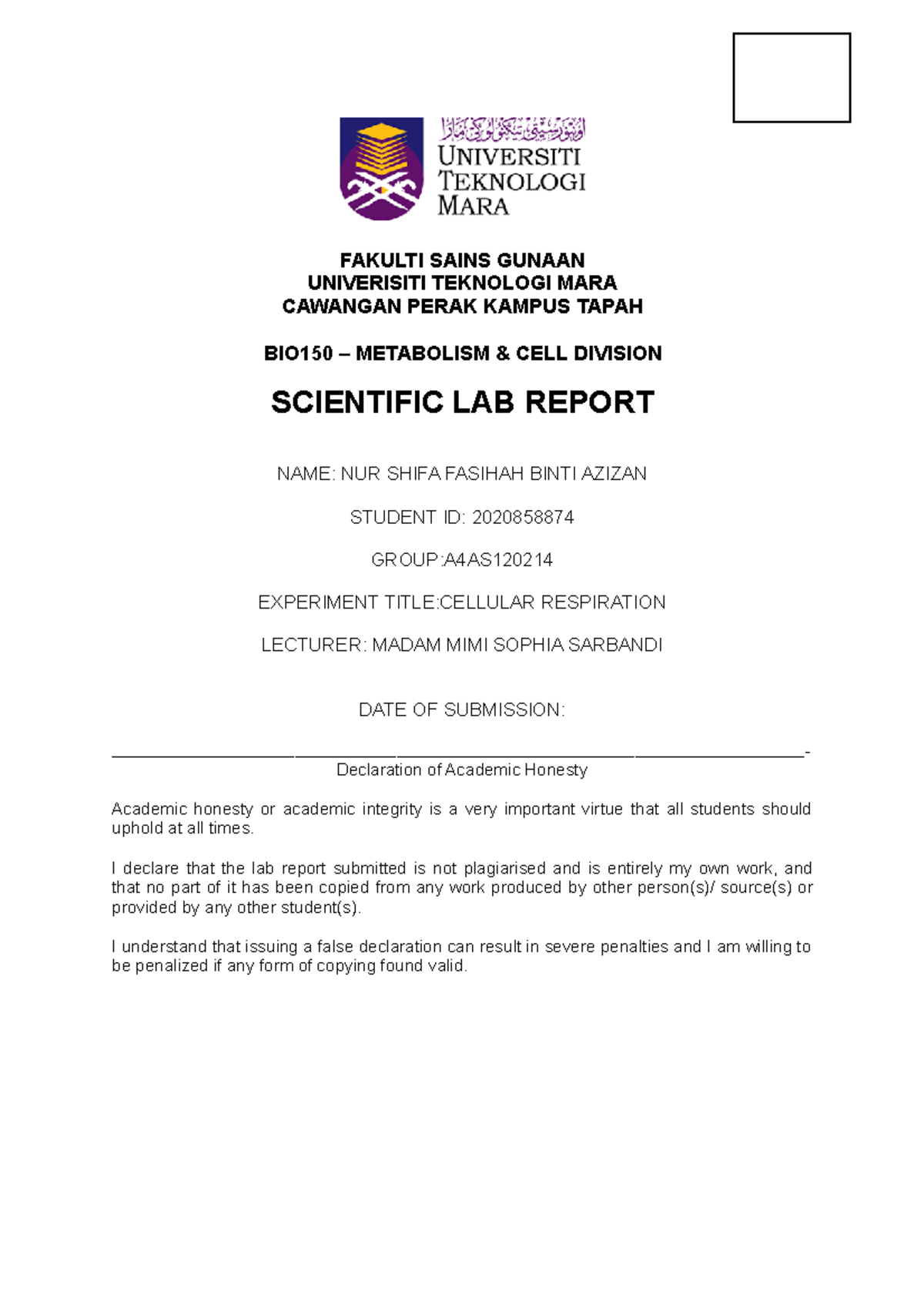 BIO150 lab report - Diploma in Science - UiTM - Studocu