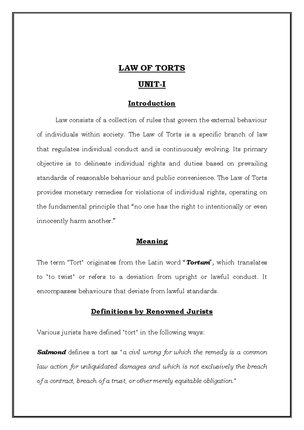 Law of Torts - Unit 1 English 1 - LAW OF TORTS UNIT-I Introduction Law ...