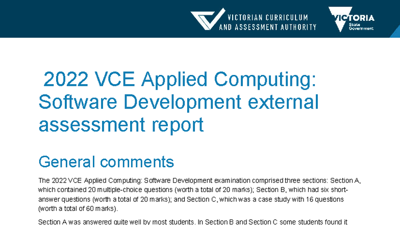 2022 VCE Applied Computing: Software Development Exam Assessment Report ...