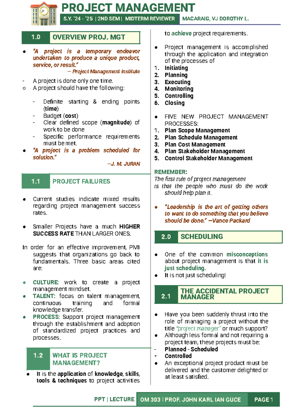 [OM 303] Project Management Midterm Reviewer for 2nd Sem 2024-2025 ...