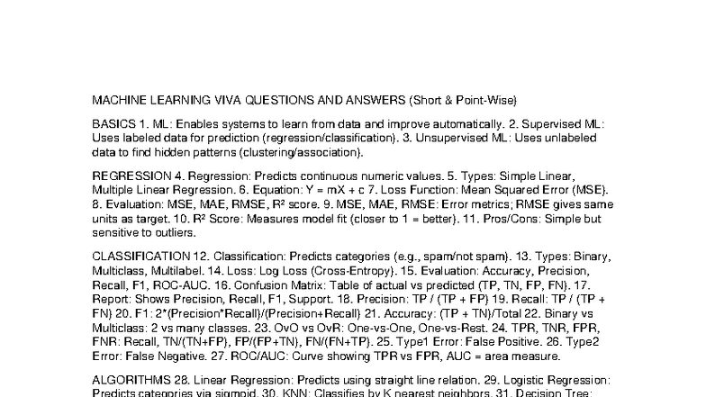 ML VIVA Q&A: Key Concepts and Techniques in Machine Learning - Studocu