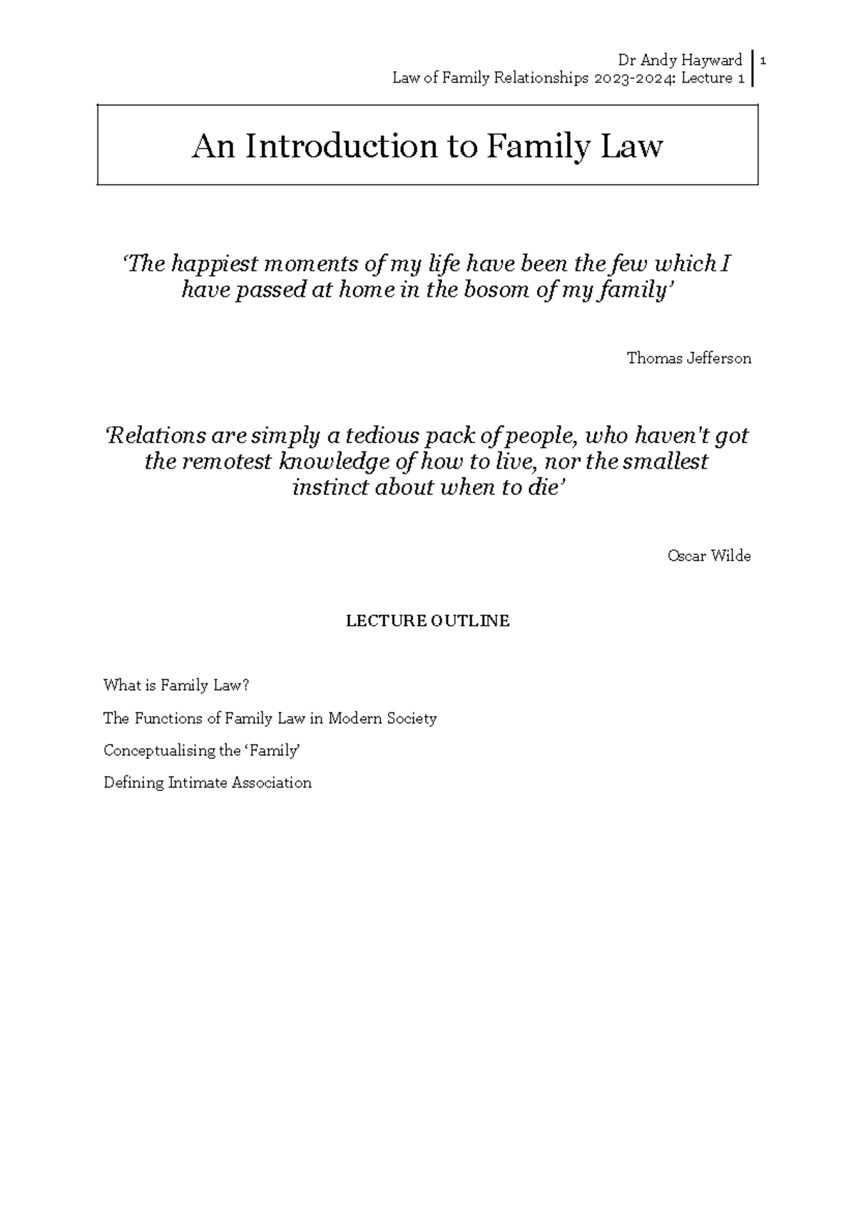 Family LAW Lecture ONE 2023-2024 - Dr Andy Hayward Law of Family ...