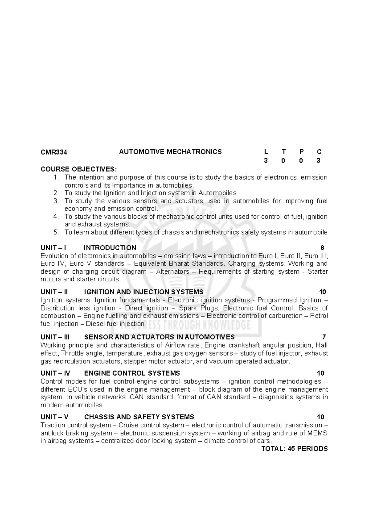 CMR334 - Automotive Mechatronics Course Syllabus Overview - Studocu