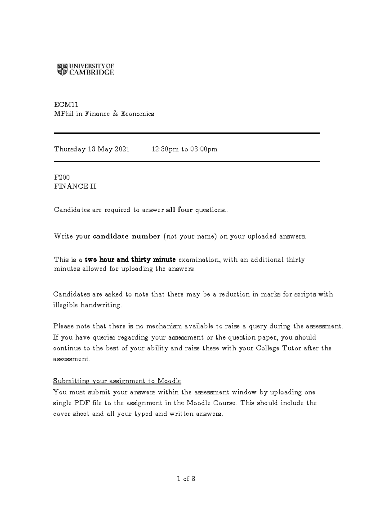 ECM11 F200 Final Exam: MPhil in Finance Economics Guide - Studocu
