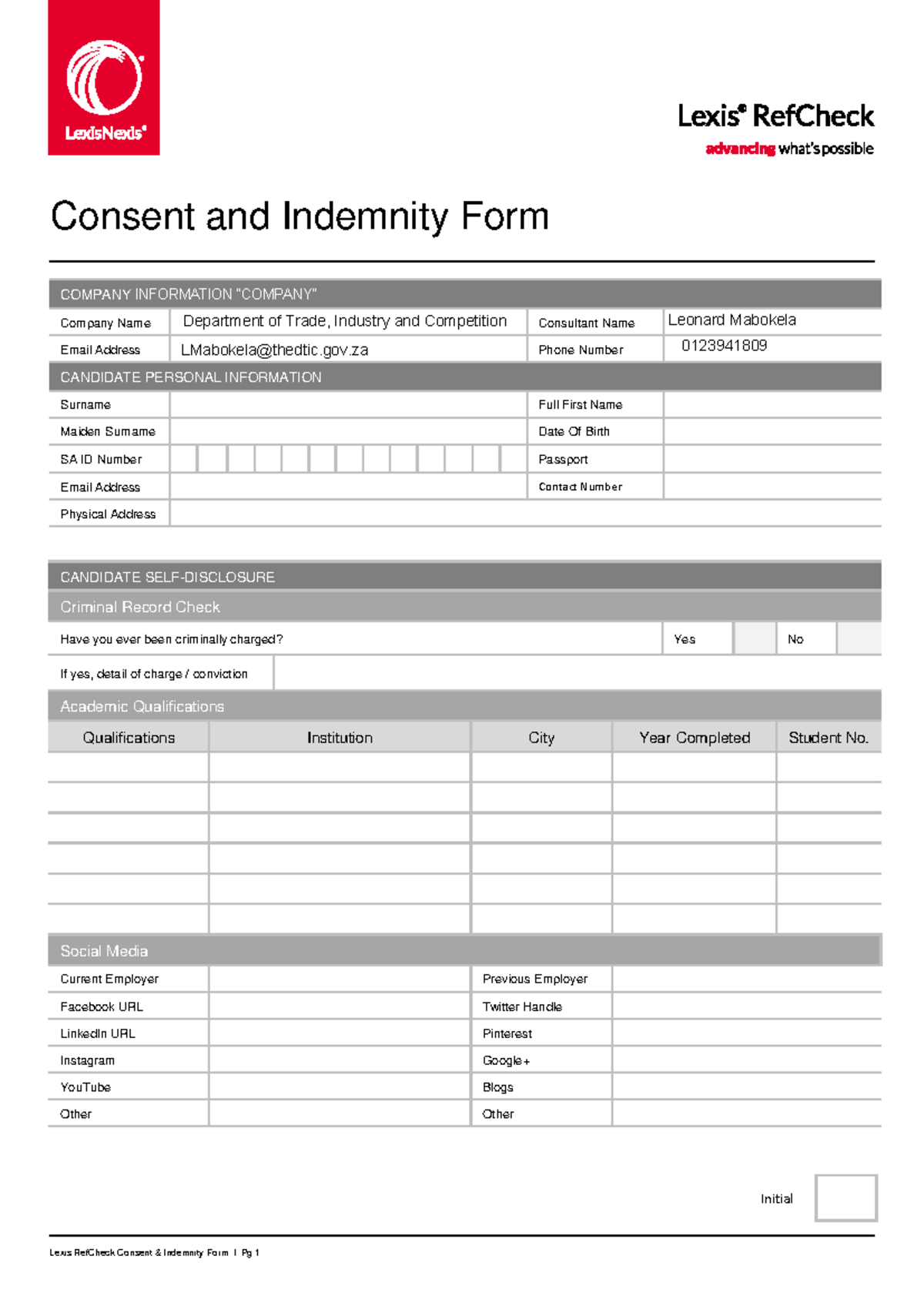 Lexis Nexis Consent & Indemnity Form for Candidates - Studocu