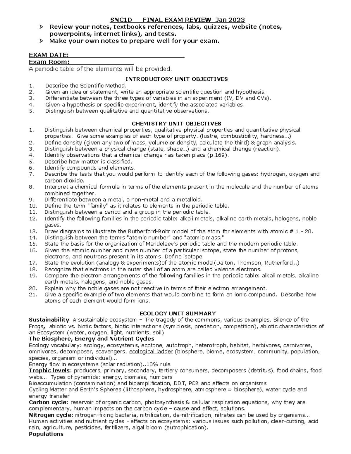 SNC1W Final Exam Review - SNC1D FINAL EXAM REVIEW Jan 2023 Review your ...