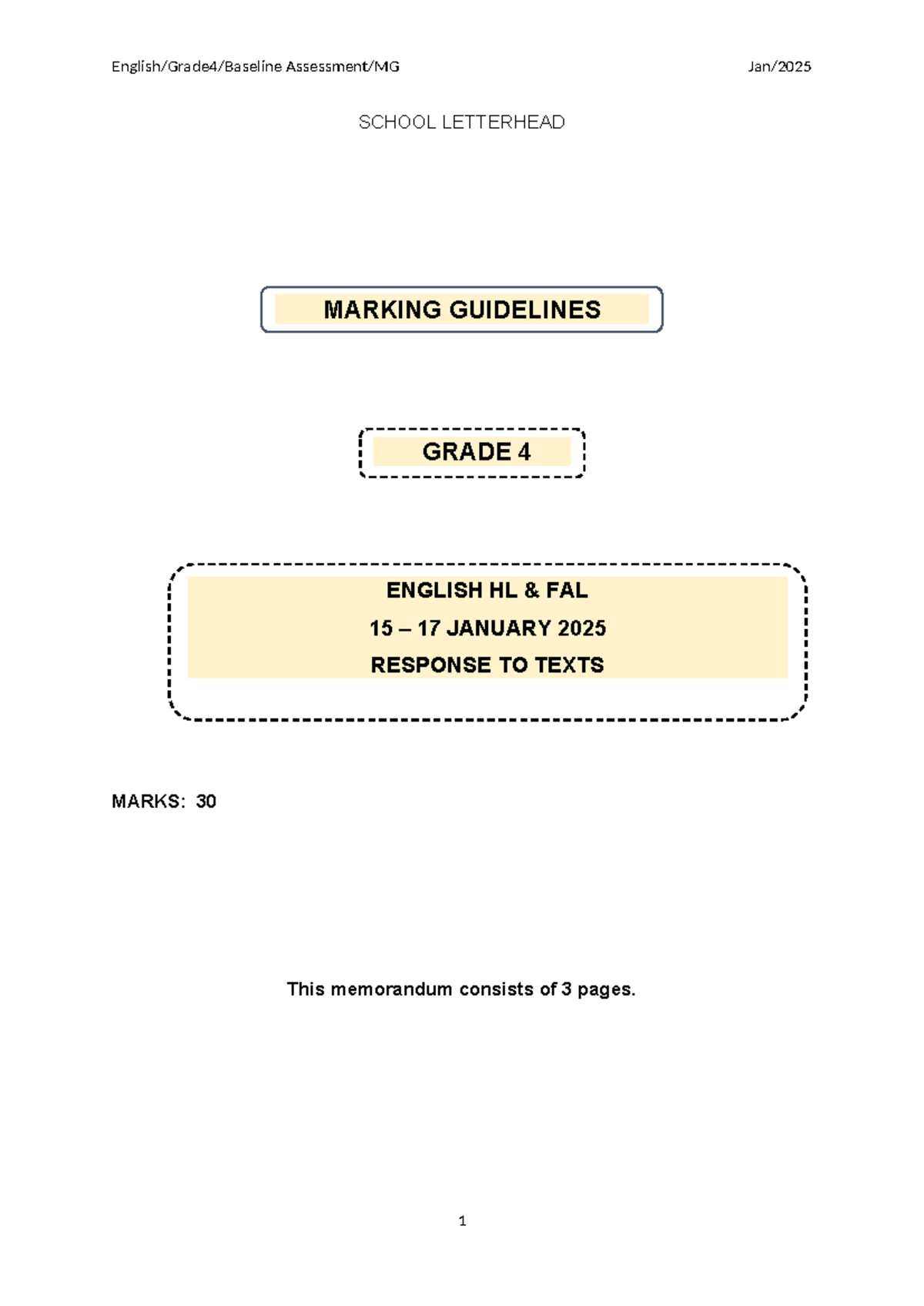 Grade 4 English HL FAL 2025 Marking Guidelines & Response to Texts ...