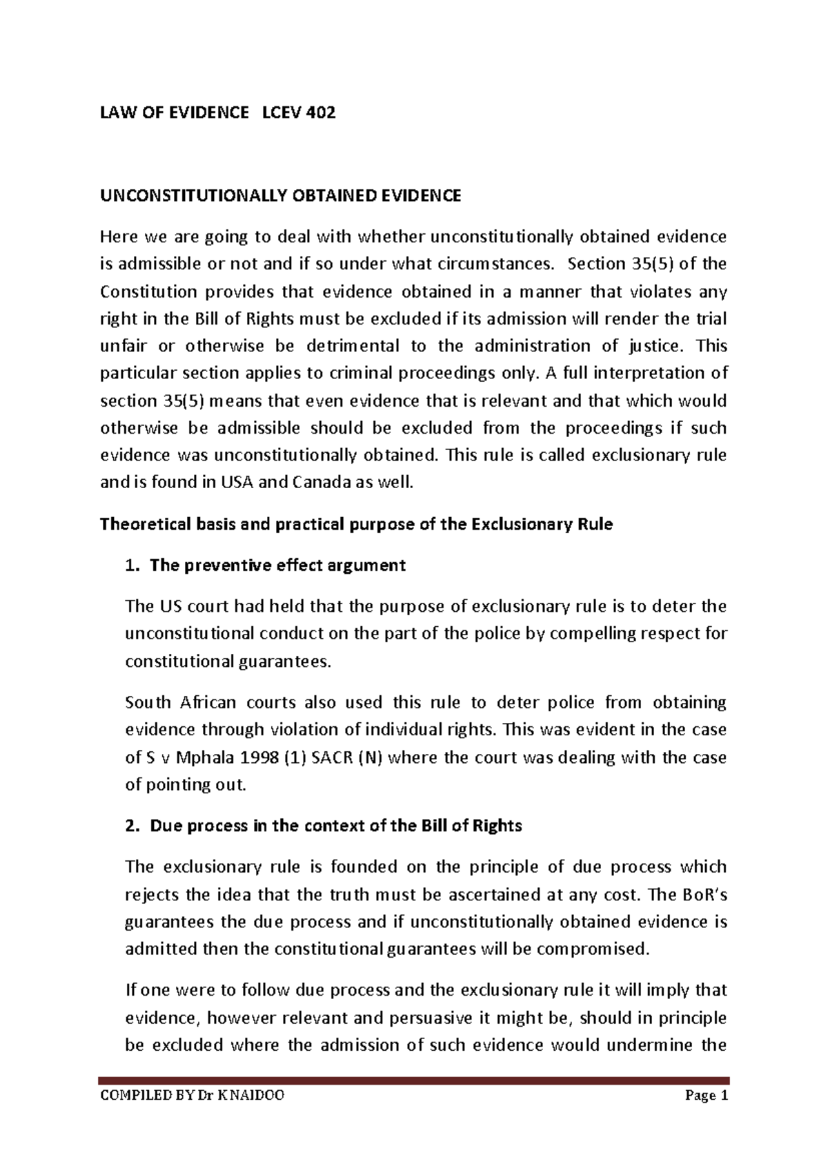 1. Unconstitutionally Obtained Evidence - LAW OF EVIDENCE LCEV 402 ...