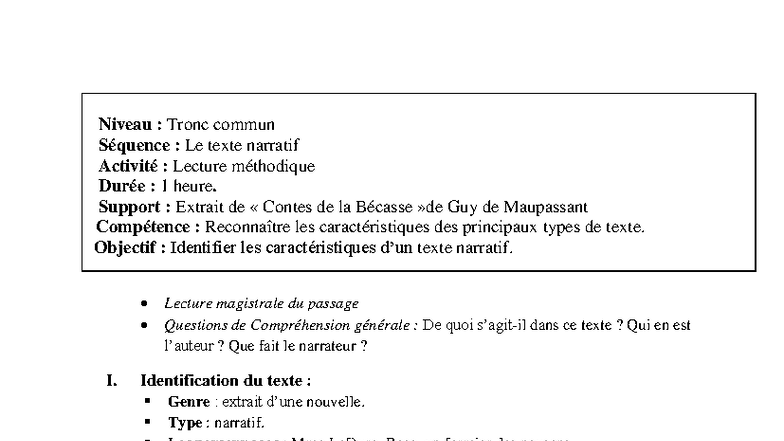 Fiches Pédagogiques : Analyse du Texte Narratif en Français - Studocu