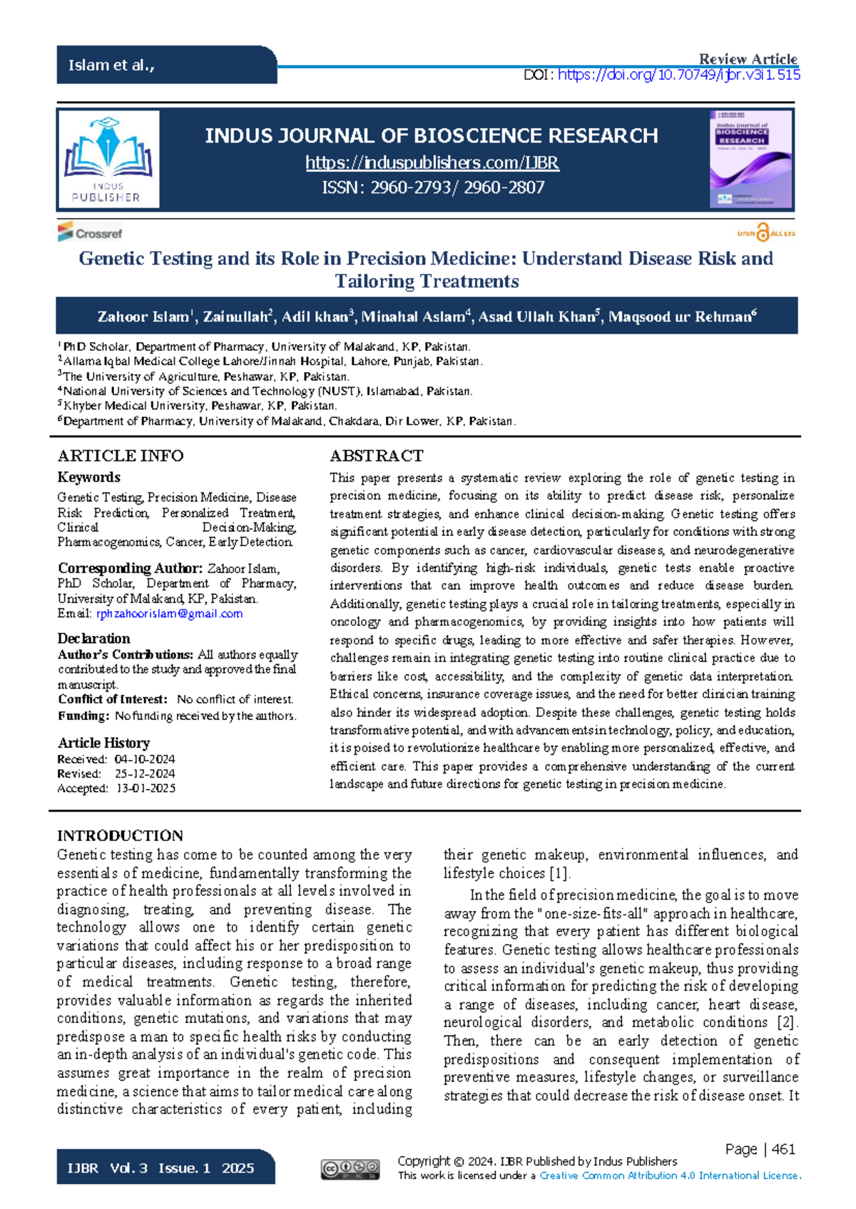 IJBR-515: Genetic Testing in Precision Medicine - Disease Risk ...