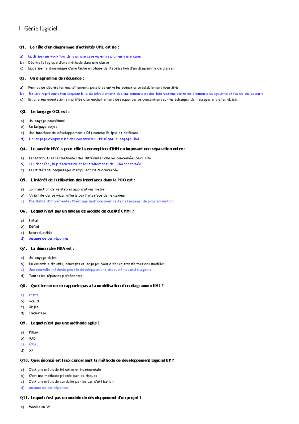 Correction QCM Génie Logiciel C: 60 Questions & Réponses - Studocu