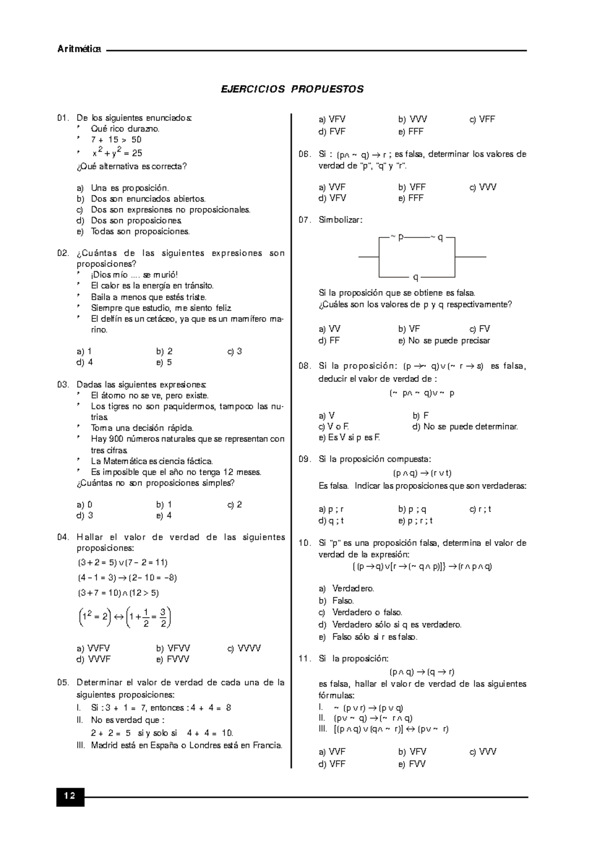 Práctica IV BIM 5TO SEC - practica calificada de logica - Aritmética 12 EJERCICIOS PROPUESTOS De ...
