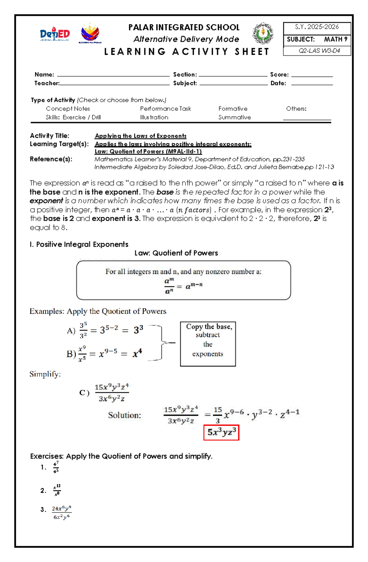 MATH 9 Learning Activity Sheet: Applying Laws of Exponents - Studocu