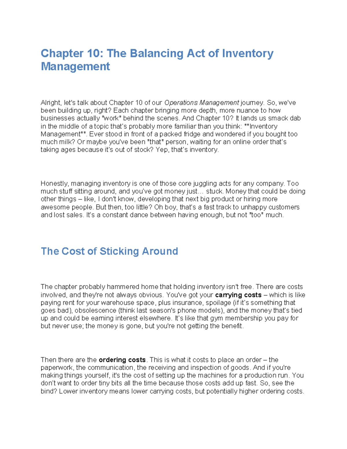Making Sense of Ops Mgmt: Chapter 10 - Inventory Balancing Act - Studocu