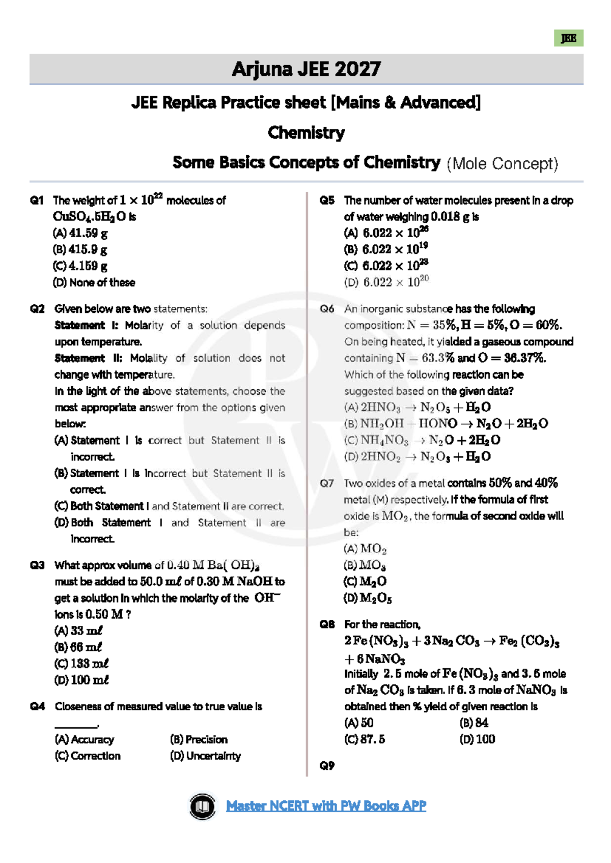 Mole Concept Practice Sheet for JEE 2027 - Replica Questions - Studocu