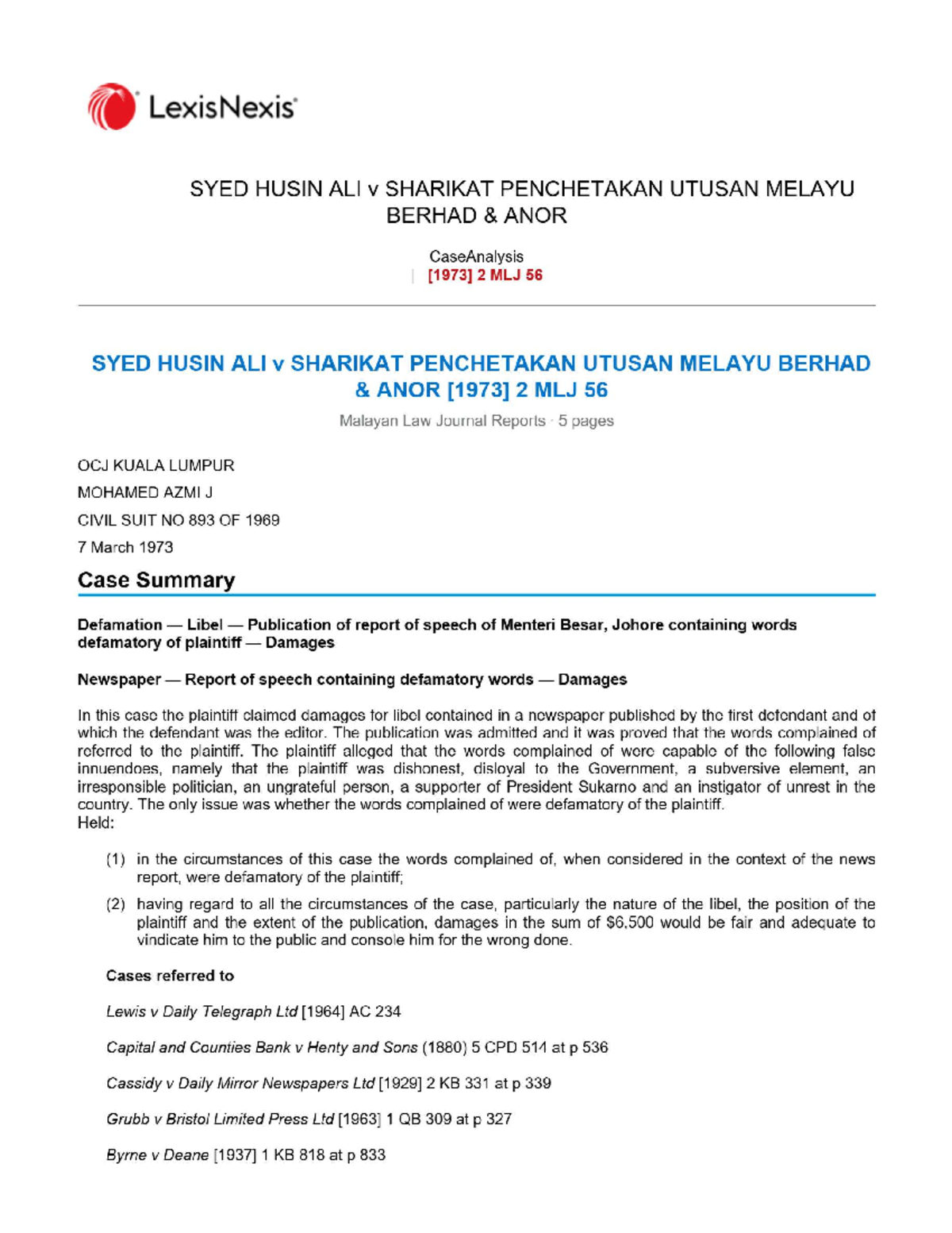 SYED HUSIN ALI V SHARIKAT PENCHETAKAN UTUSAN MELAYU BERHAD ANOR, 2 MLJ ...