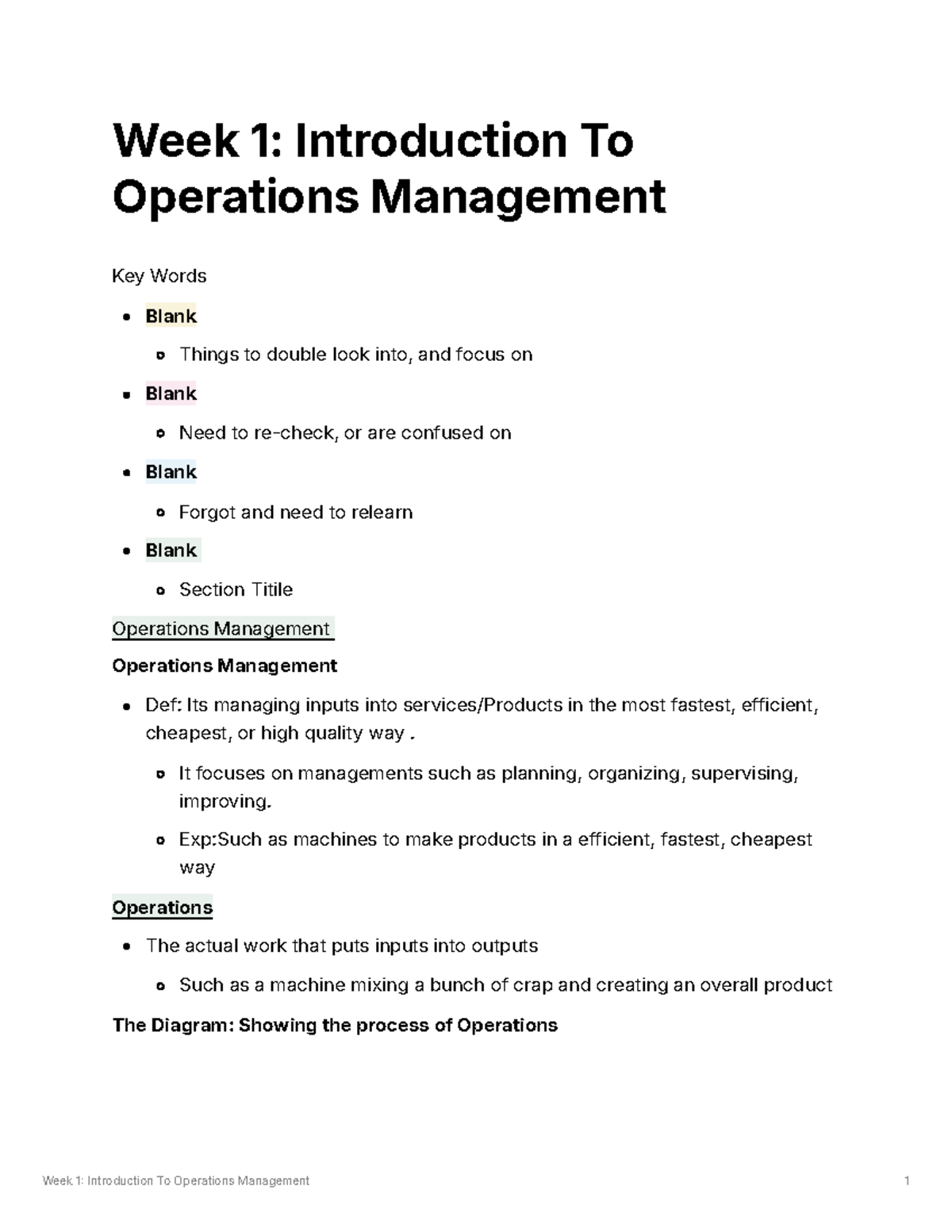 Week 1: Intro to Ops Management - Key Concepts & Definitions - Studocu