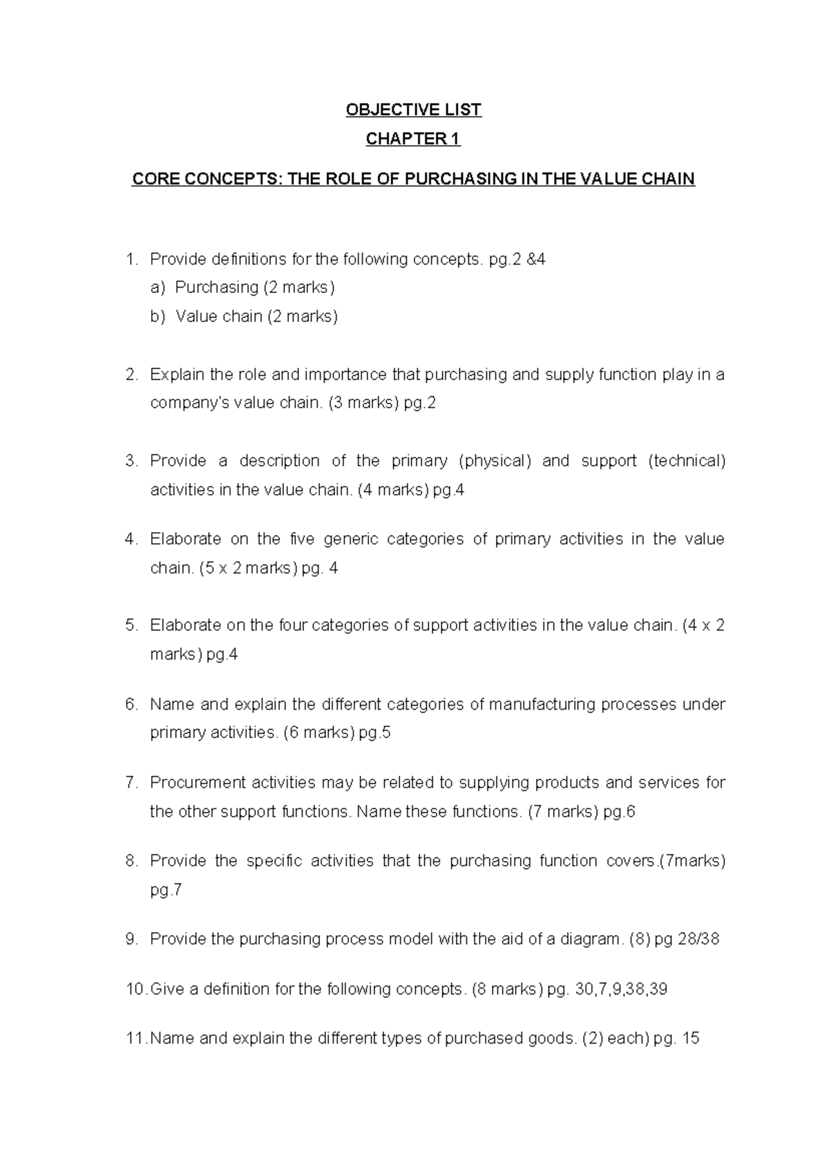 Chapter 1 Objective List: Key Concepts in Purchasing & Value Chain - Studocu