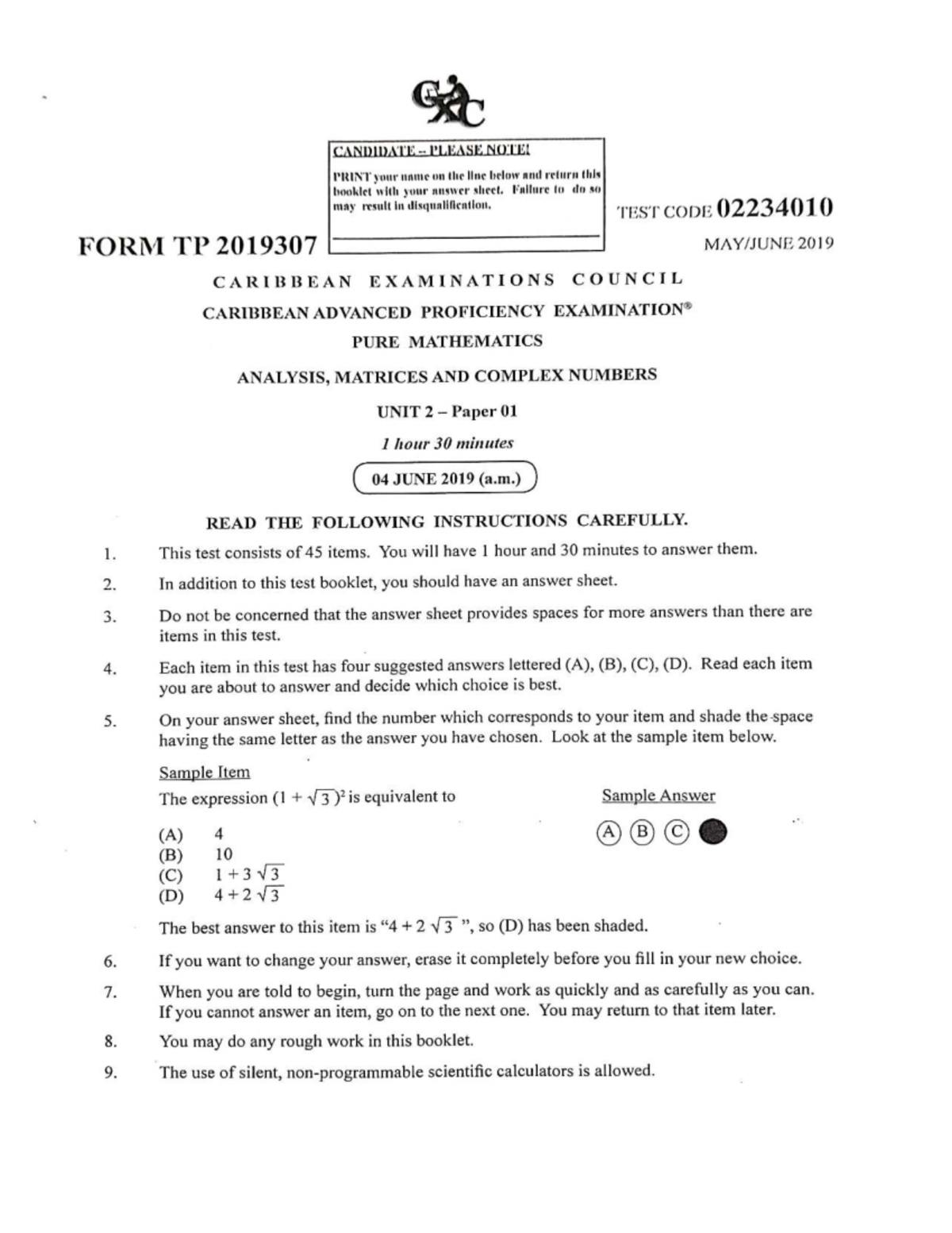 Pure Mathematics 2019 CAPE Unit 2 Paper 01 - CXC Exam Instructions - Studocu