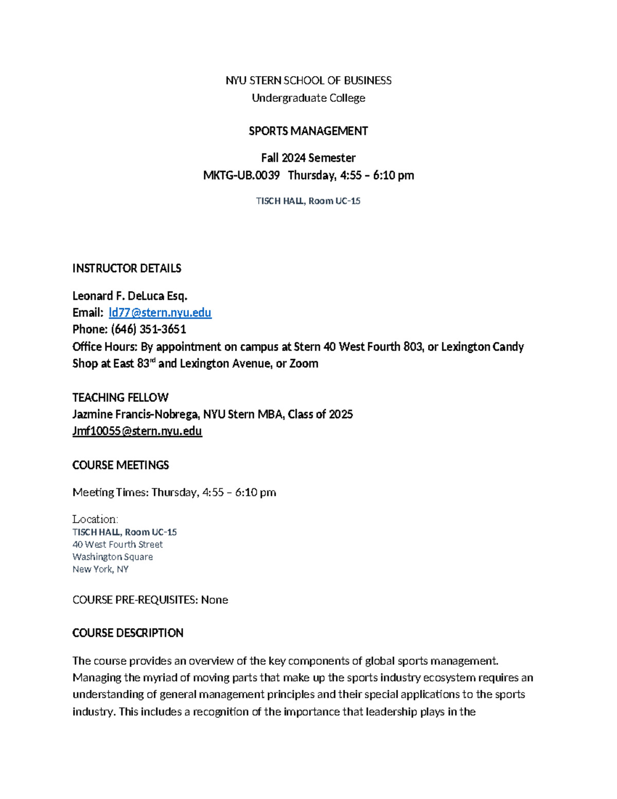 Fall 2024 NYU Sports Management Syllabus MKTG-UB Lecture Notes - Studocu