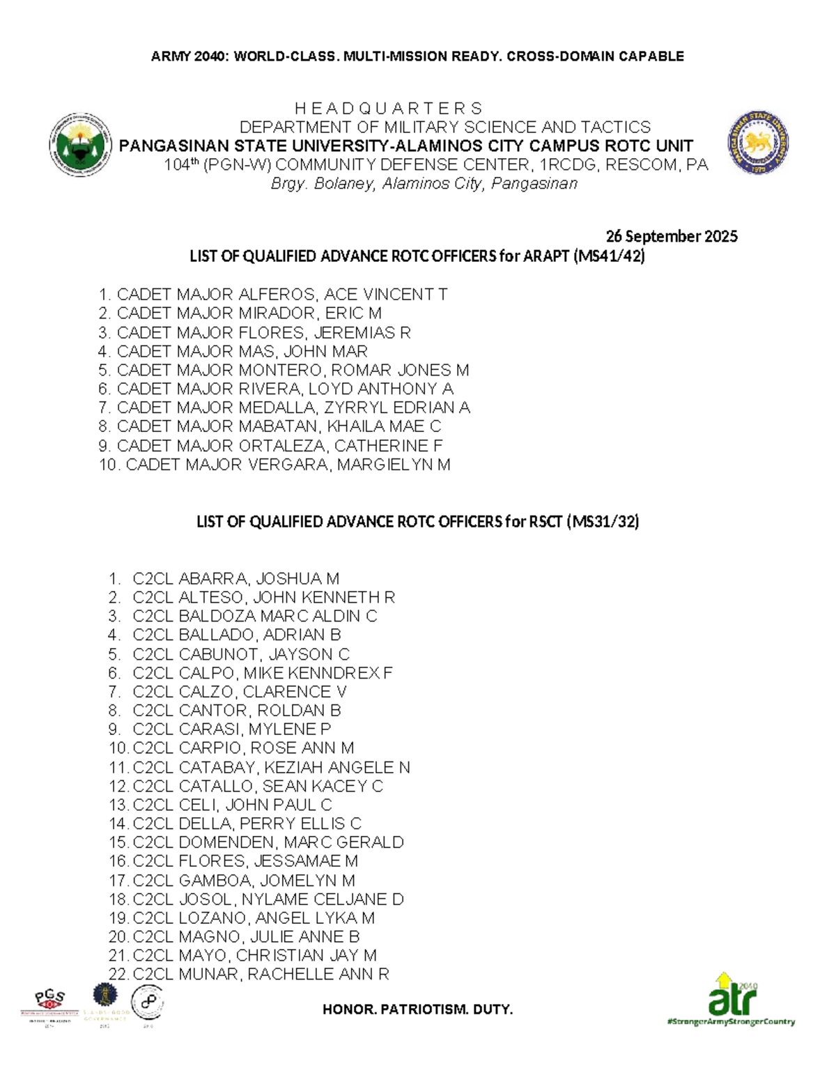 ARMY 2040: List of Qualified Advance ROTC Officers for ARAPT & RSCT ...