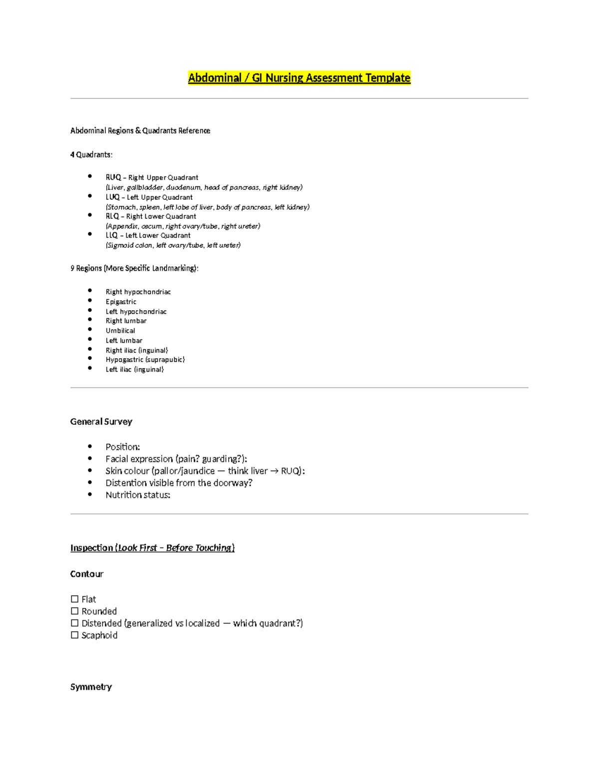 Abdominal GI Nursing Assessment Template: 4 Quadrants Overview - Studocu