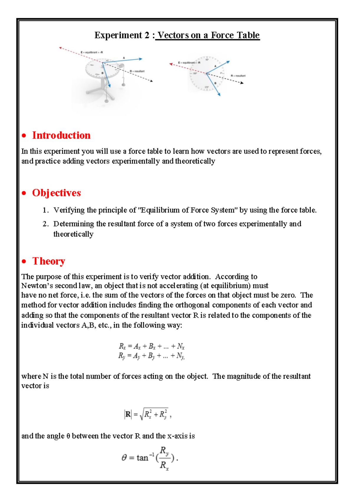 General Physics (Lab Handout) 2: Experimental Vectors in Force Systems ...
