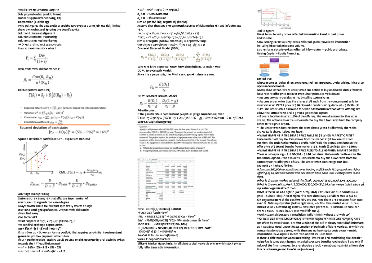 Corp Fin Final Exam: Week 1-7 Overview on Capital Structure & Dividend ...