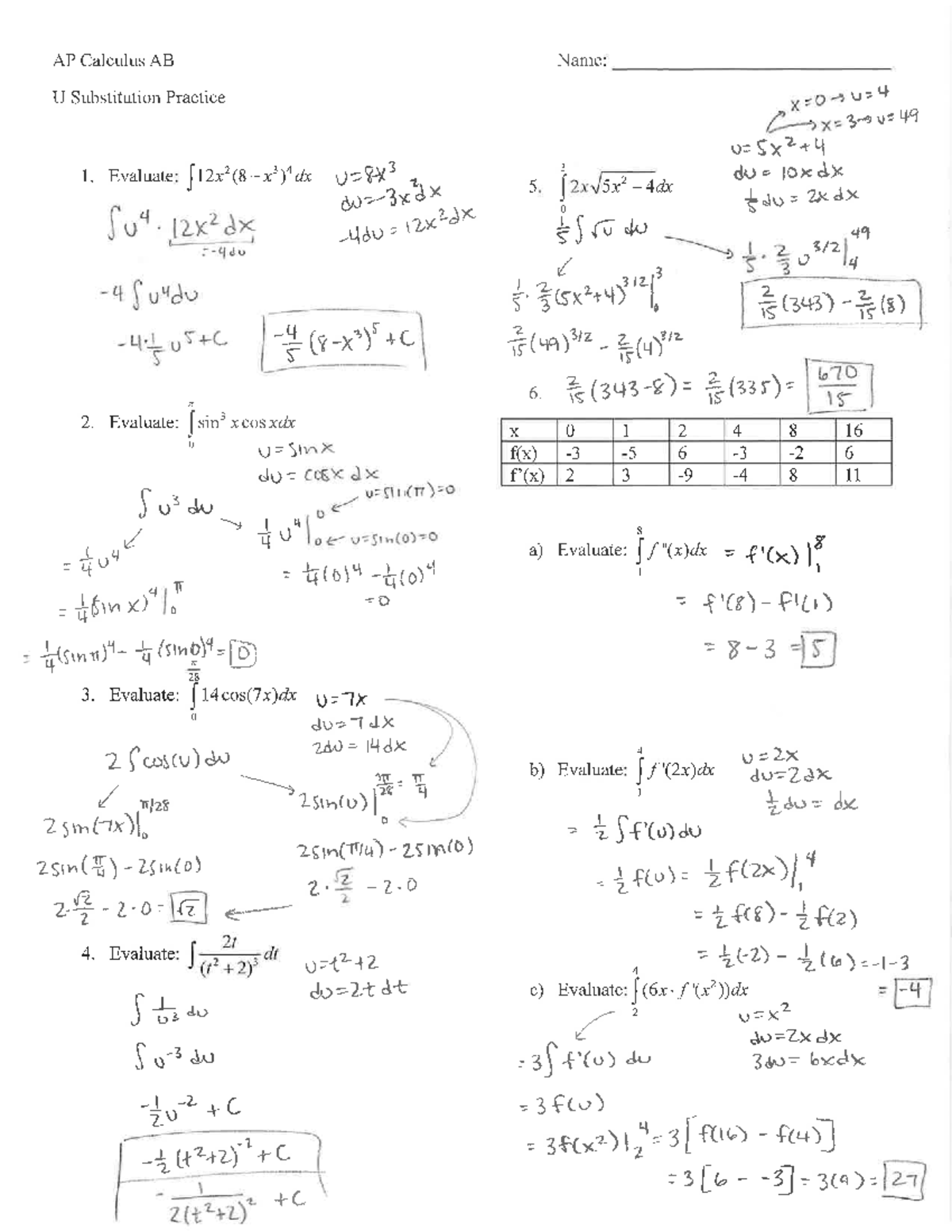AP Calculus AB U Substitution Practice Day 4 Solutions Key - Studocu