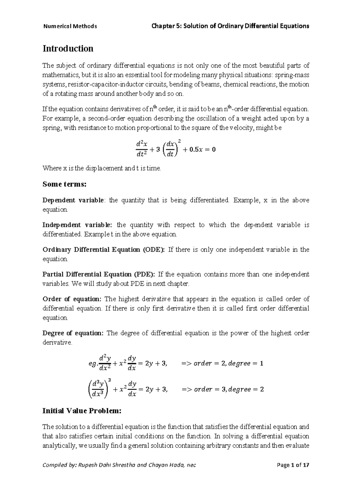 Chapter 5: Numerical Methods for Solving Ordinary Differential ...