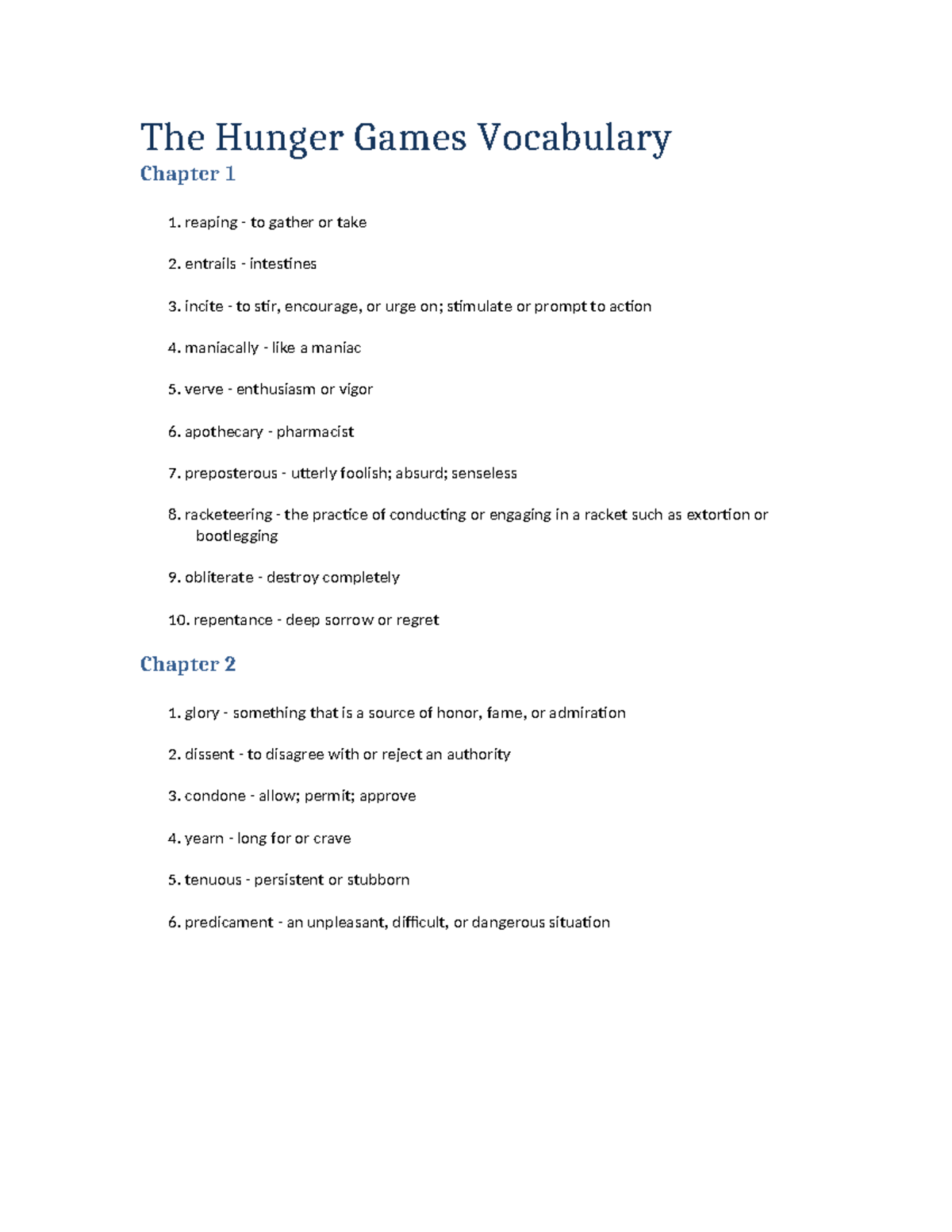 Hunger Games Vocabulary Definitions by Chapter 1-26 - Studocu
