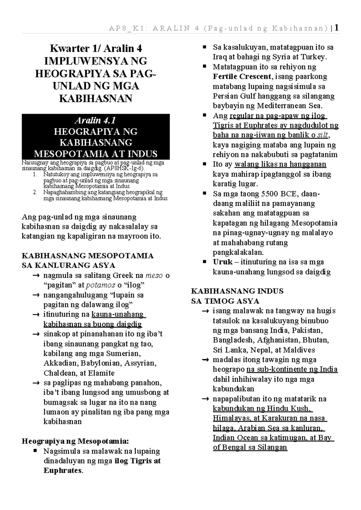 AP8 Q1 L4: Heograpiya at Pag-unlad ng mga Kabihasnang Mesopotamia at ...