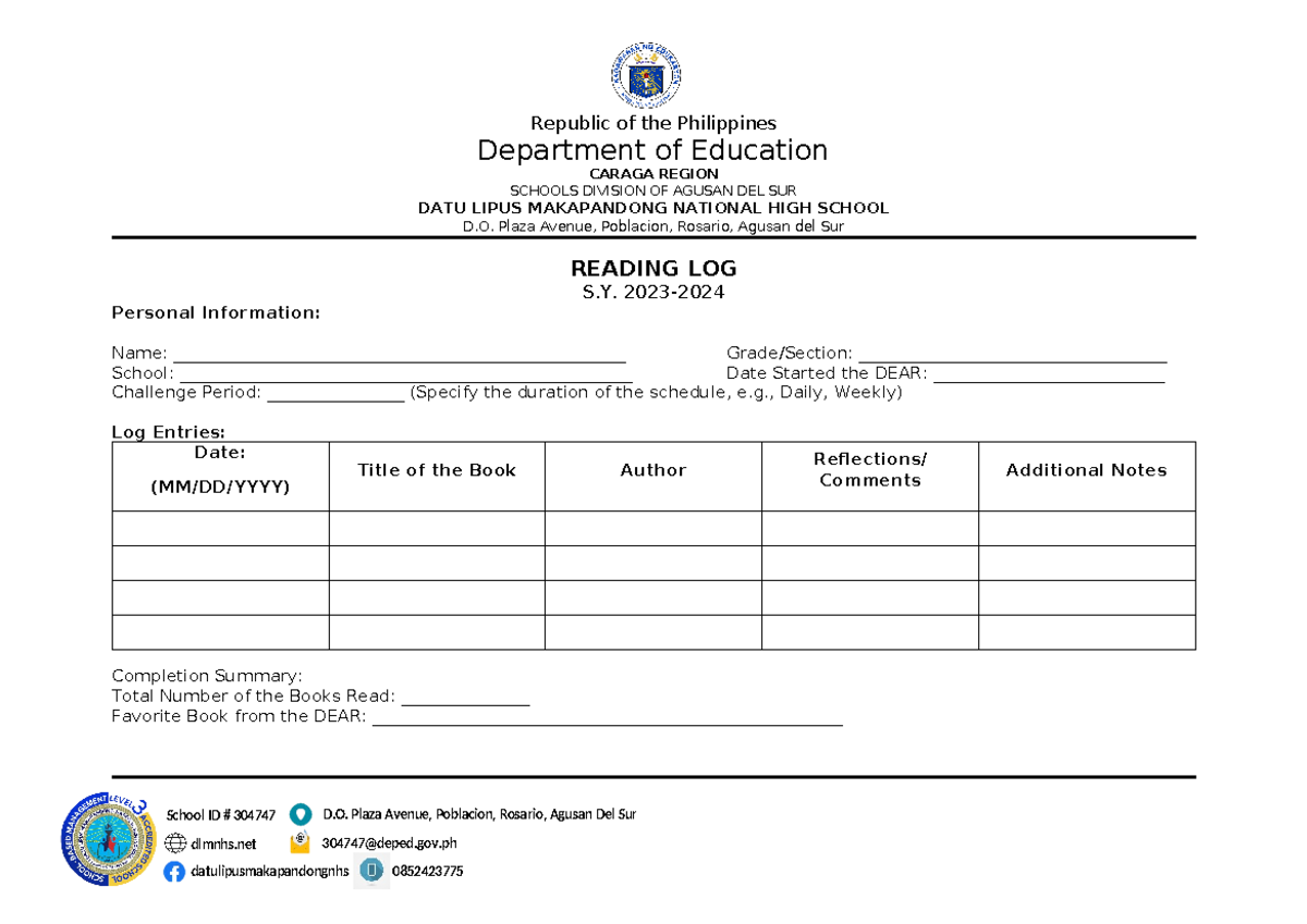 Reading LOG - School ID # 304747 D. Plaza Avenue, Poblacion, Rosario ...