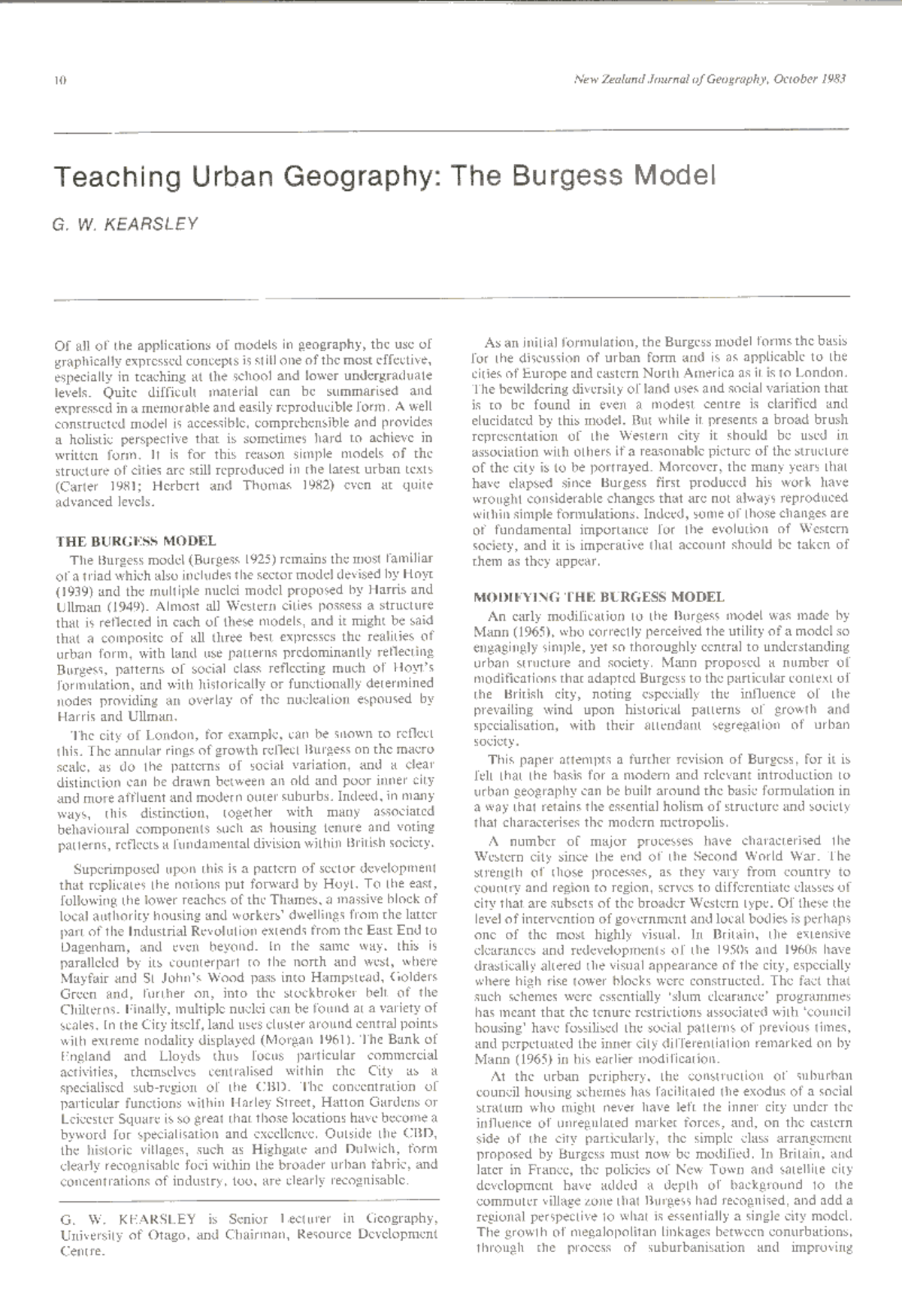 COMPARISON OF BURGESS AND KEARSELY URBAN MORPHOLOGY MODELS - Studocu