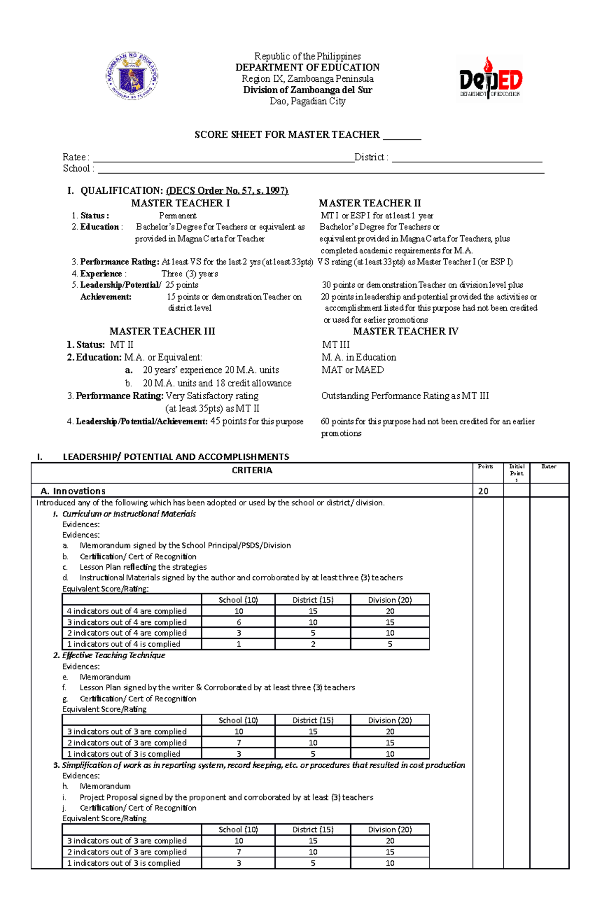 MT score sheets 2021 1 - Republic of the Philippines DEPARTMENT OF ...