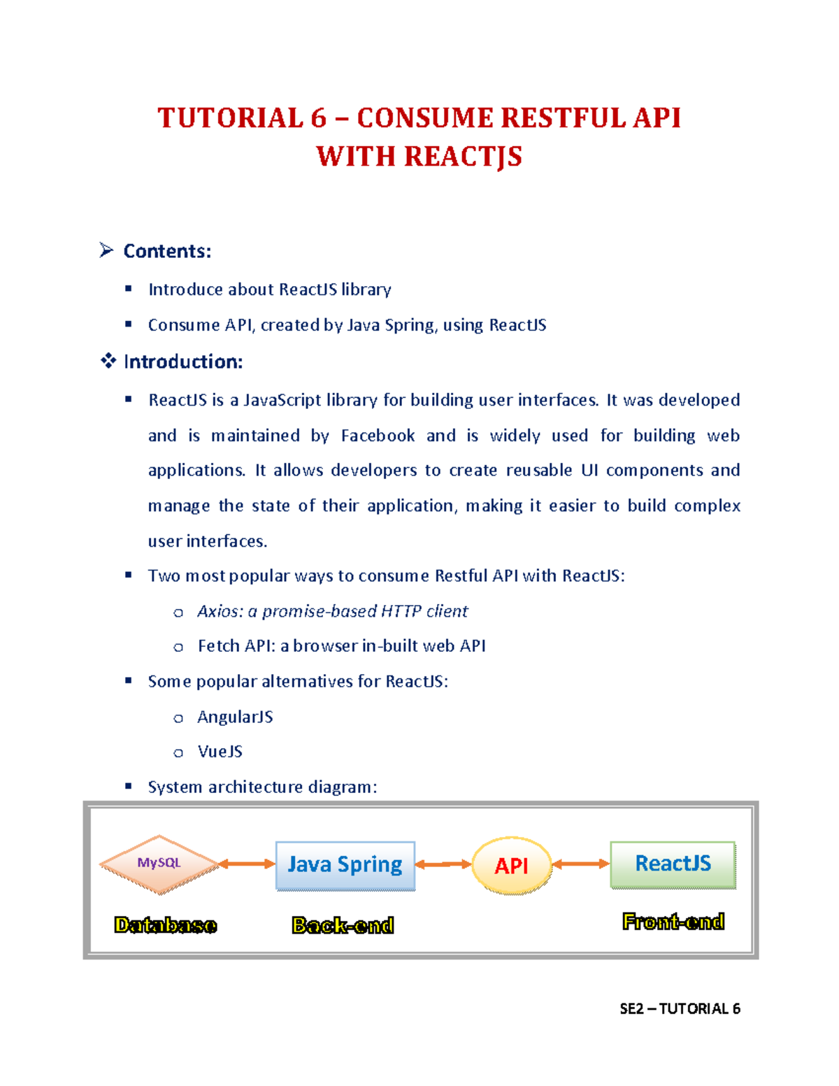 Tutorial 6 - wpr - TUTORIAL 6 – CONSUME RESTFUL API WITH REACTJS Contents: Introduce about - Studocu